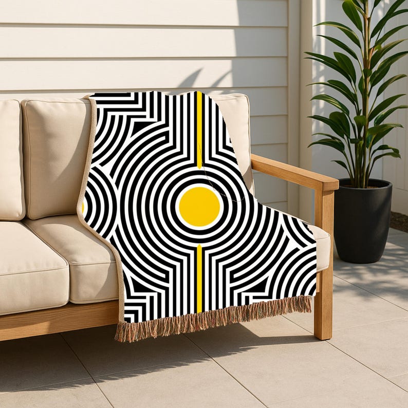 1960s Op Art Solar Geometric Woven Blanket | Black White Gold Optical ...