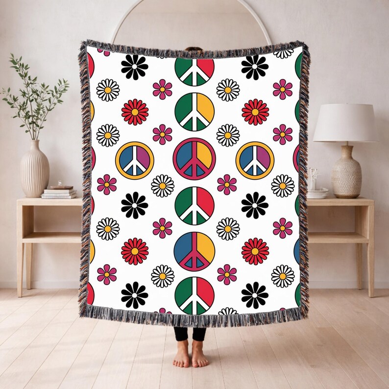 1960s Peace and Love Flower Power Blanket | Woven Hippie Daisy Throw - Etsy