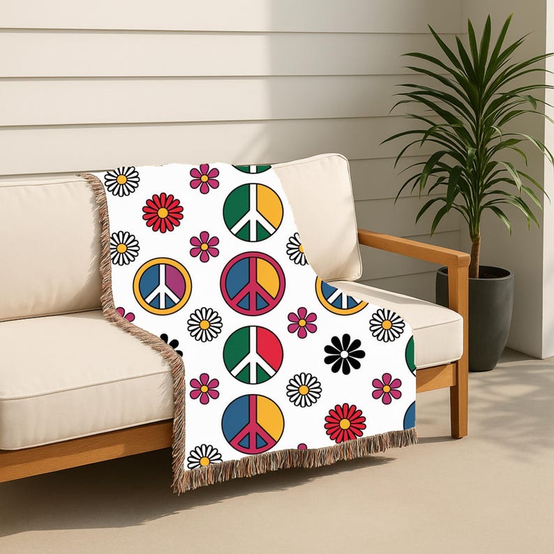1960s Peace and Love Flower Power Blanket | Woven Hippie Daisy Throw - Etsy
