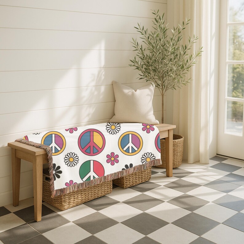 1960s Peace and Love Flower Power Blanket | Woven Hippie Daisy Throw - Etsy