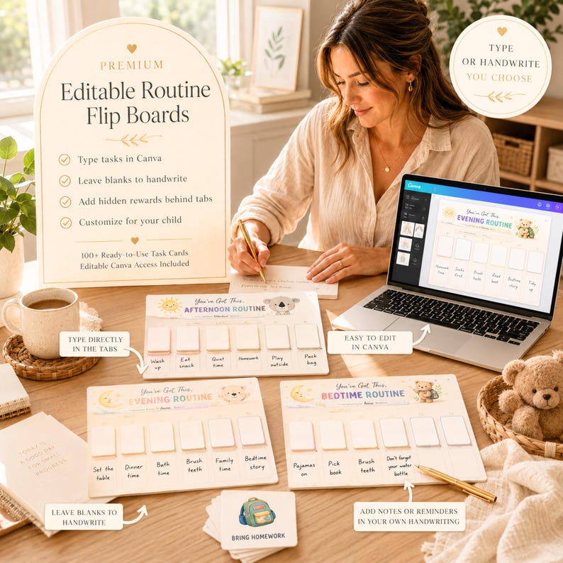 Editable Kids Routine Chart System for Ages 2–7, Morning Afternoon ...