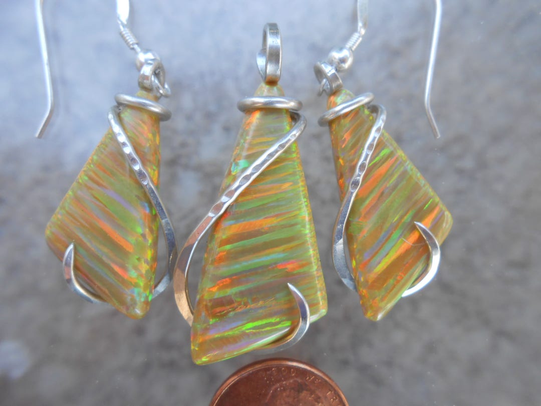Yellow Fire Opal Silver Wrapped Pendant and Earrings - Etsy