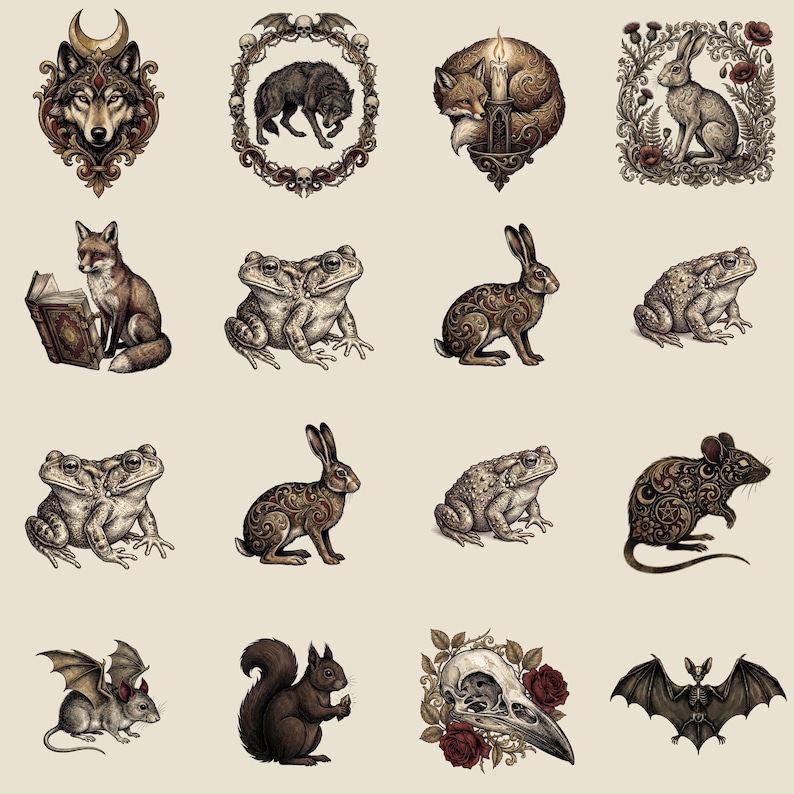 Occult Animal Clipart PNG Bundle, Gothic Illustrations, Vintage Witchy ...