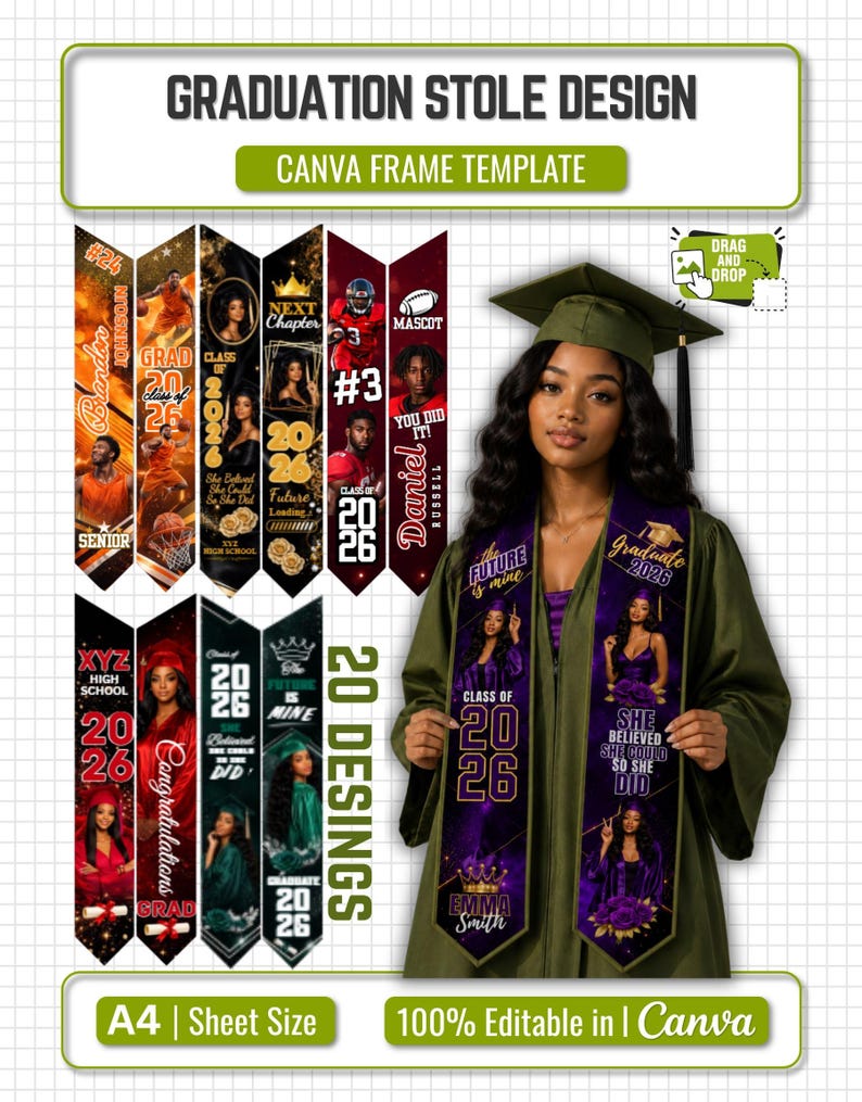 Graduation Stole Canva Template Bundle, Class of 2026 Designs (digital ...