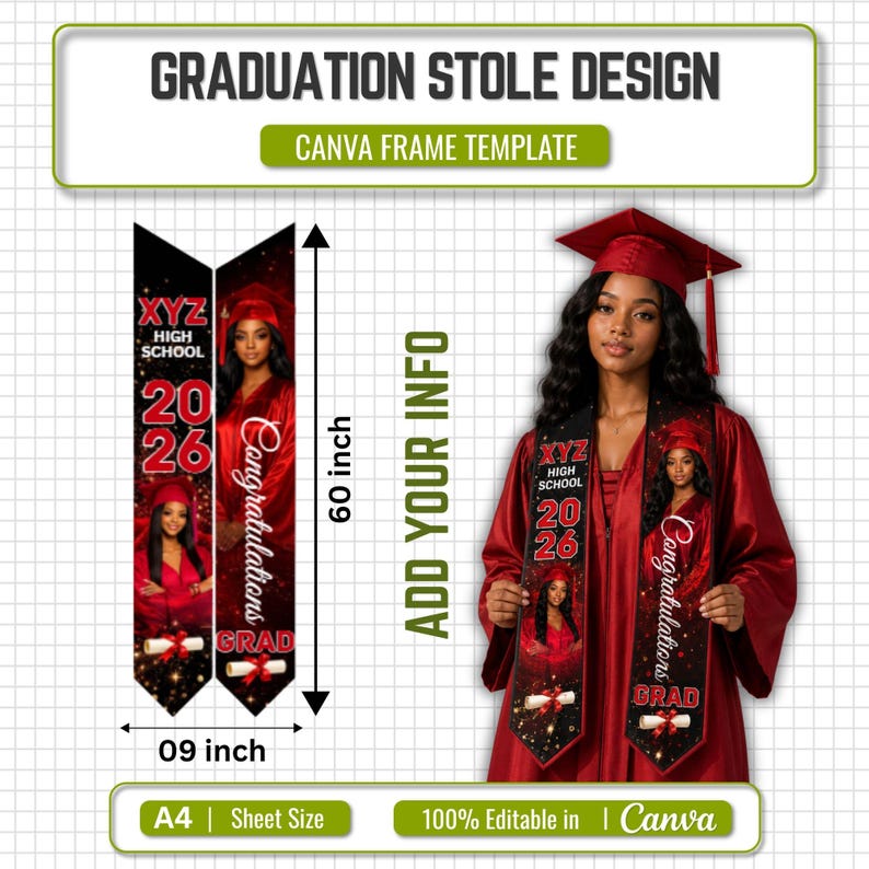 Graduation Stole Canva Template Bundle, Class of 2026 Designs (digital ...
