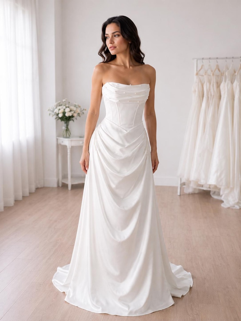 Minimalist Satin Wedding Dress, Corset Bodice, Handsewn Bridal Dress ...