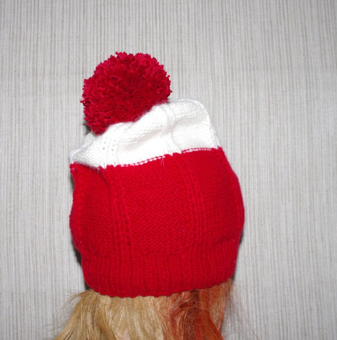 Rot Weiß Kaschmir Wollmischung Weiche Hand gestrickte Pom Pom Mütze für ...