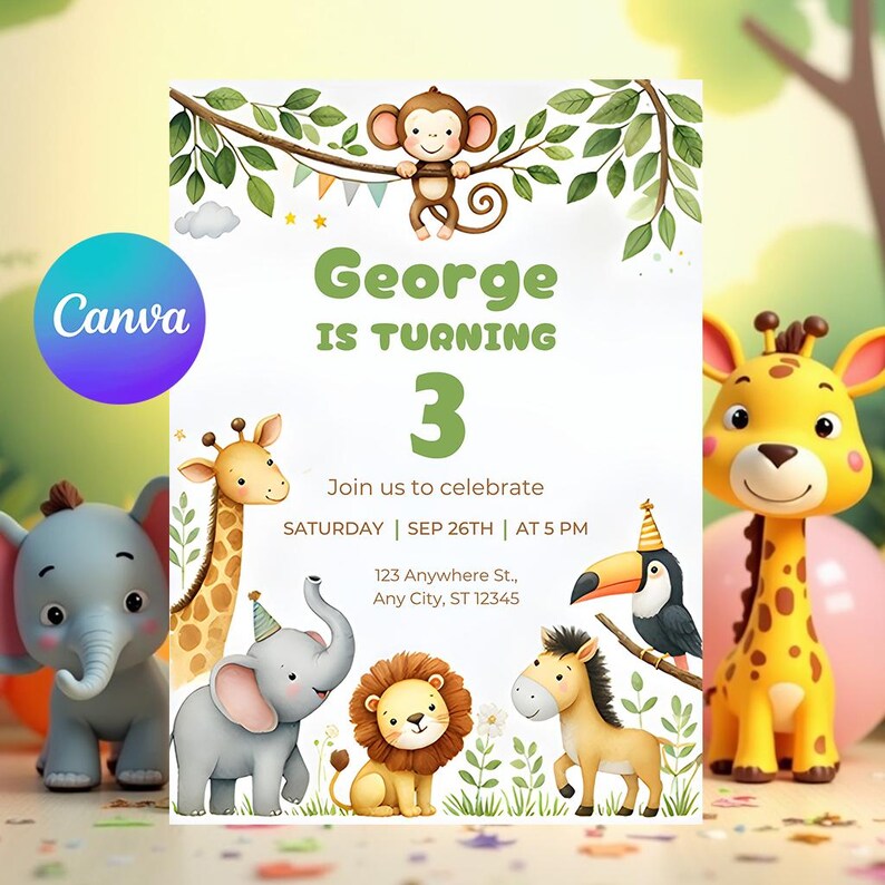 Jungle Animals Birthday Invitation Template, Safari Theme Party Invite ...