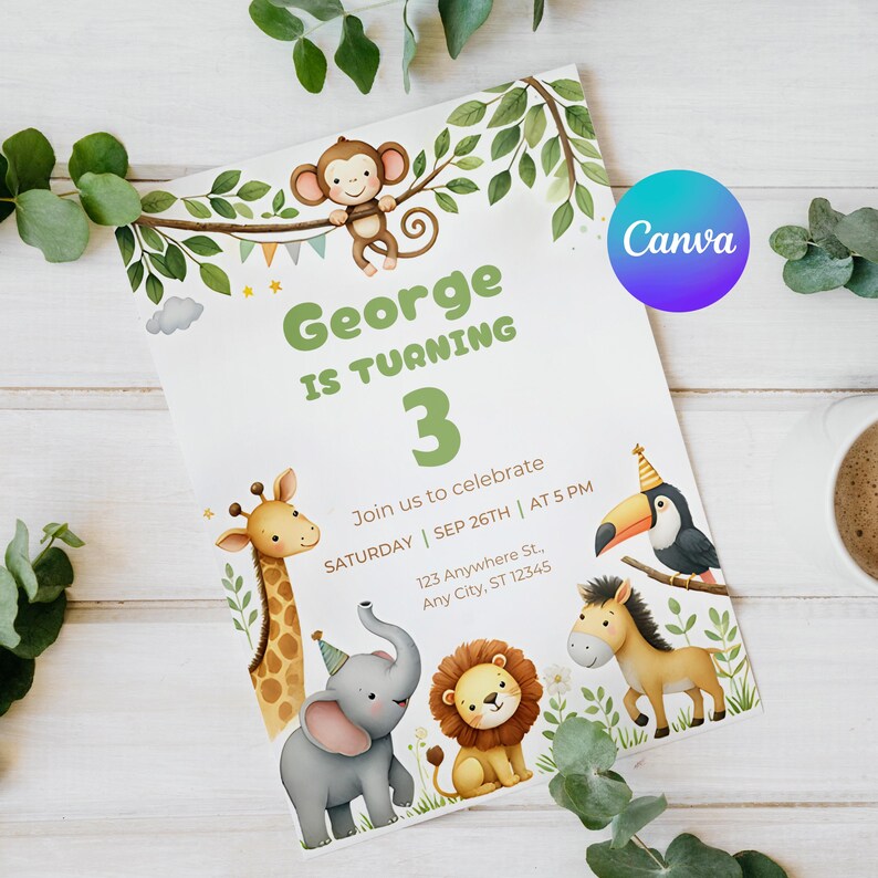 Jungle Animals Birthday Invitation Template, Safari Theme Party Invite ...