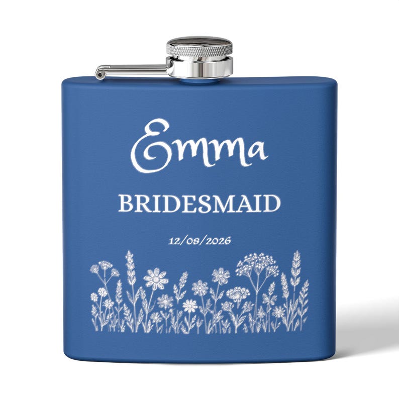 Bridesmaid Gift — Personalized Royal Blue Flask — Wildflower — Custom ...