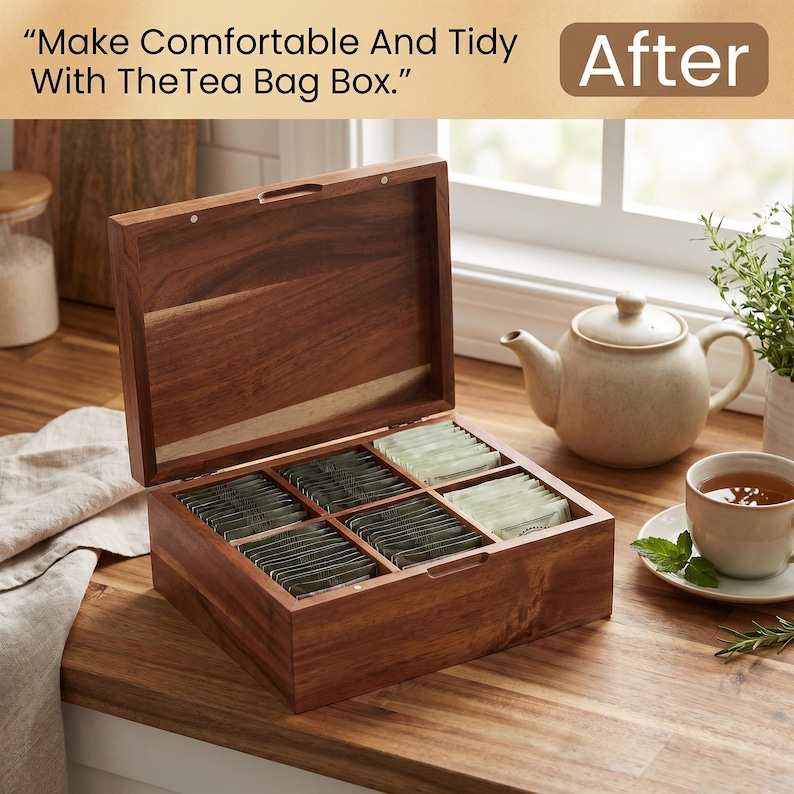 Acacia Wood Tea Bag Organizer Box, Wooden Tea Storage Chest With Lid ...