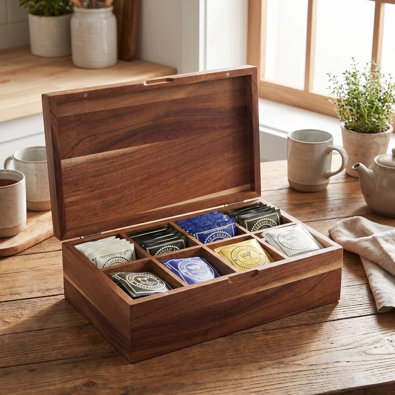 Acacia Wood Tea Bag Organizer Box, Wooden Tea Storage Chest With Lid ...
