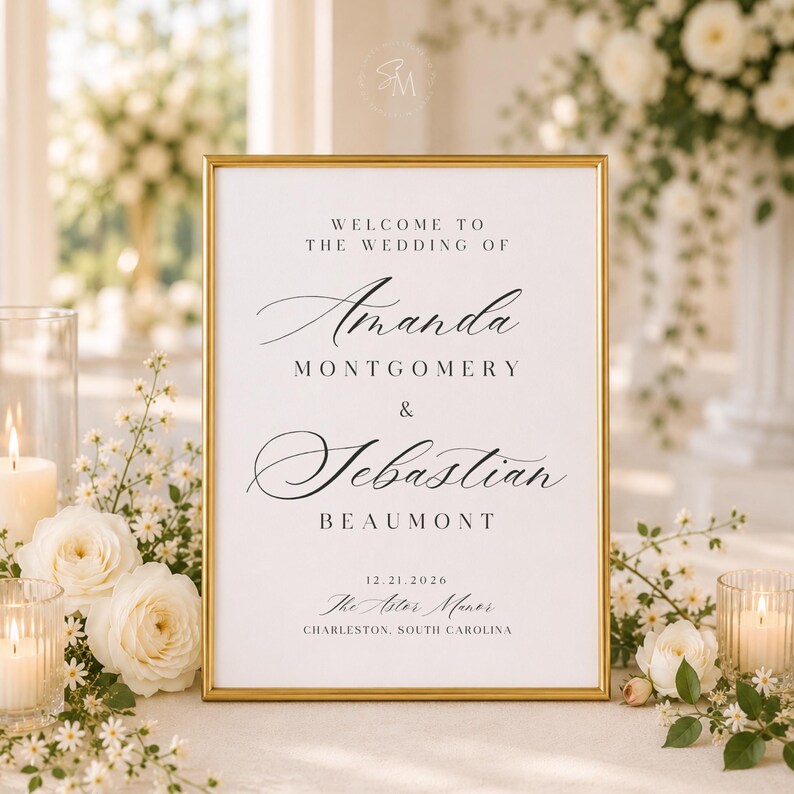 Classic Luxe Wedding Welcome Sign Template, Modern Romantic Minimalist ...