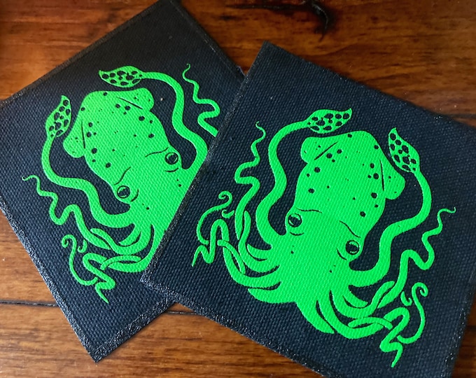 The Kraken Green Screen Print Fabric Patch 8x8cm Squid Lover Gift, Punk, Octopus Lover, Pirate ...