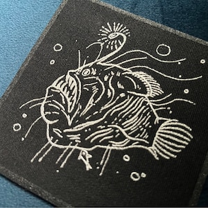 Deep Sea Angler Fish- Silver Screen Print Fabric Patch 10x10cm- Goth ...
