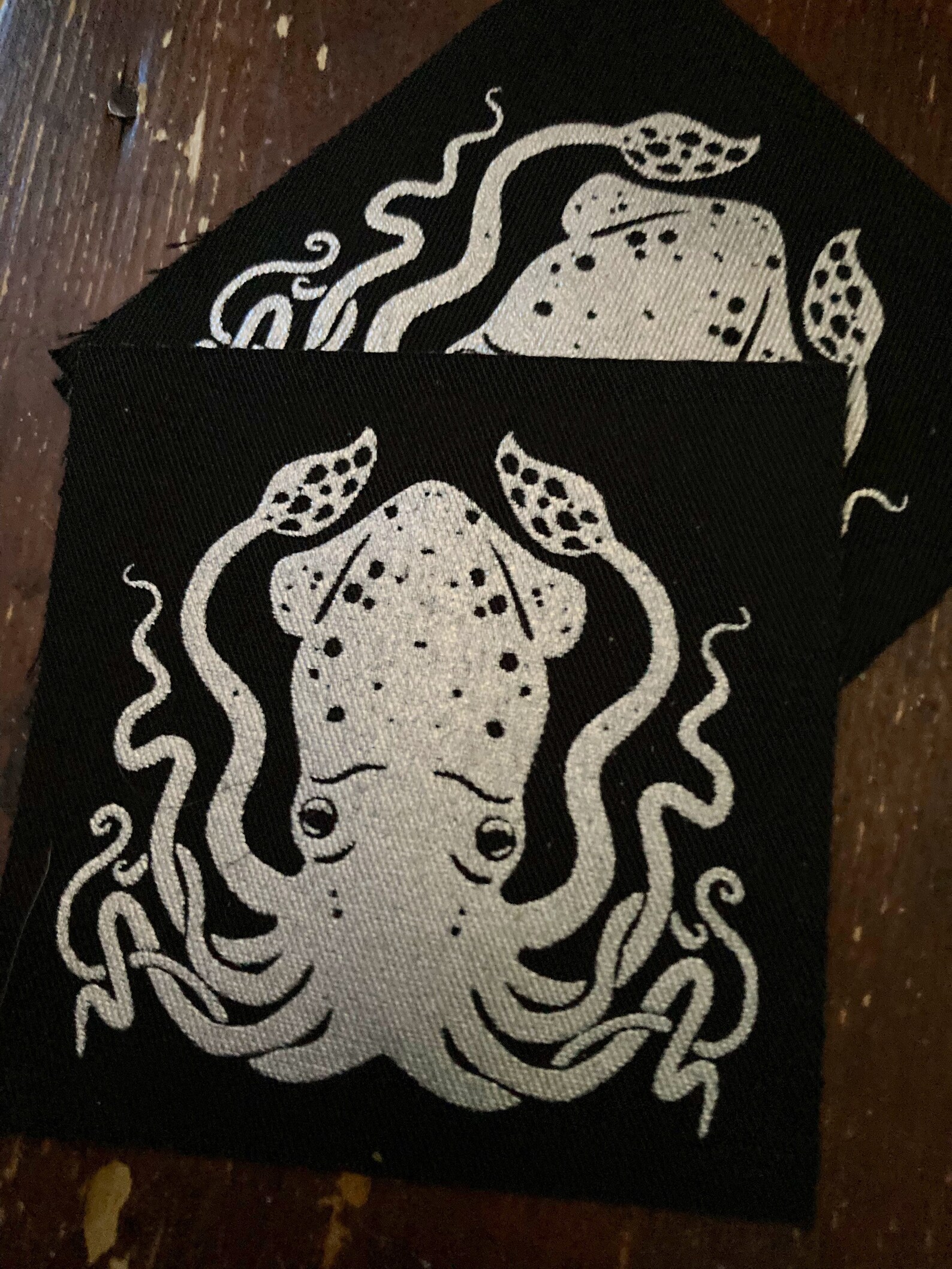 The Kraken- Silver Screen Print Fabric Patch 8x8cm- Squid Lover Gift ...
