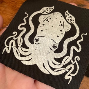 The Kraken- Silver Screen Print Fabric Patch 8x8cm- Squid Lover Gift, Punk, Octopus Lover ...