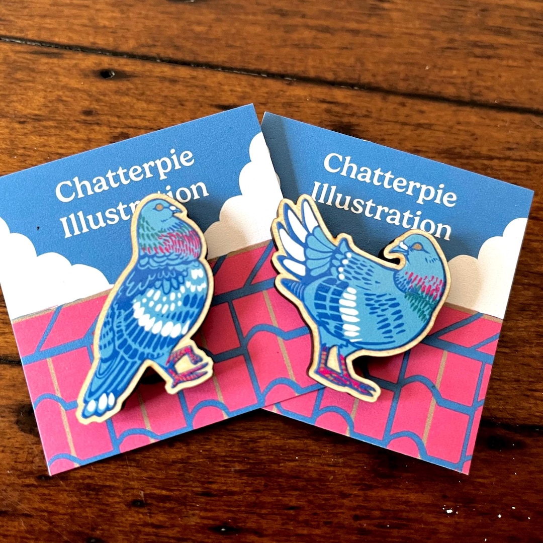 Lovers Pigeon Pin Set- 30mm Wooden Pin Badge With Rubber Clutch, Bird ...