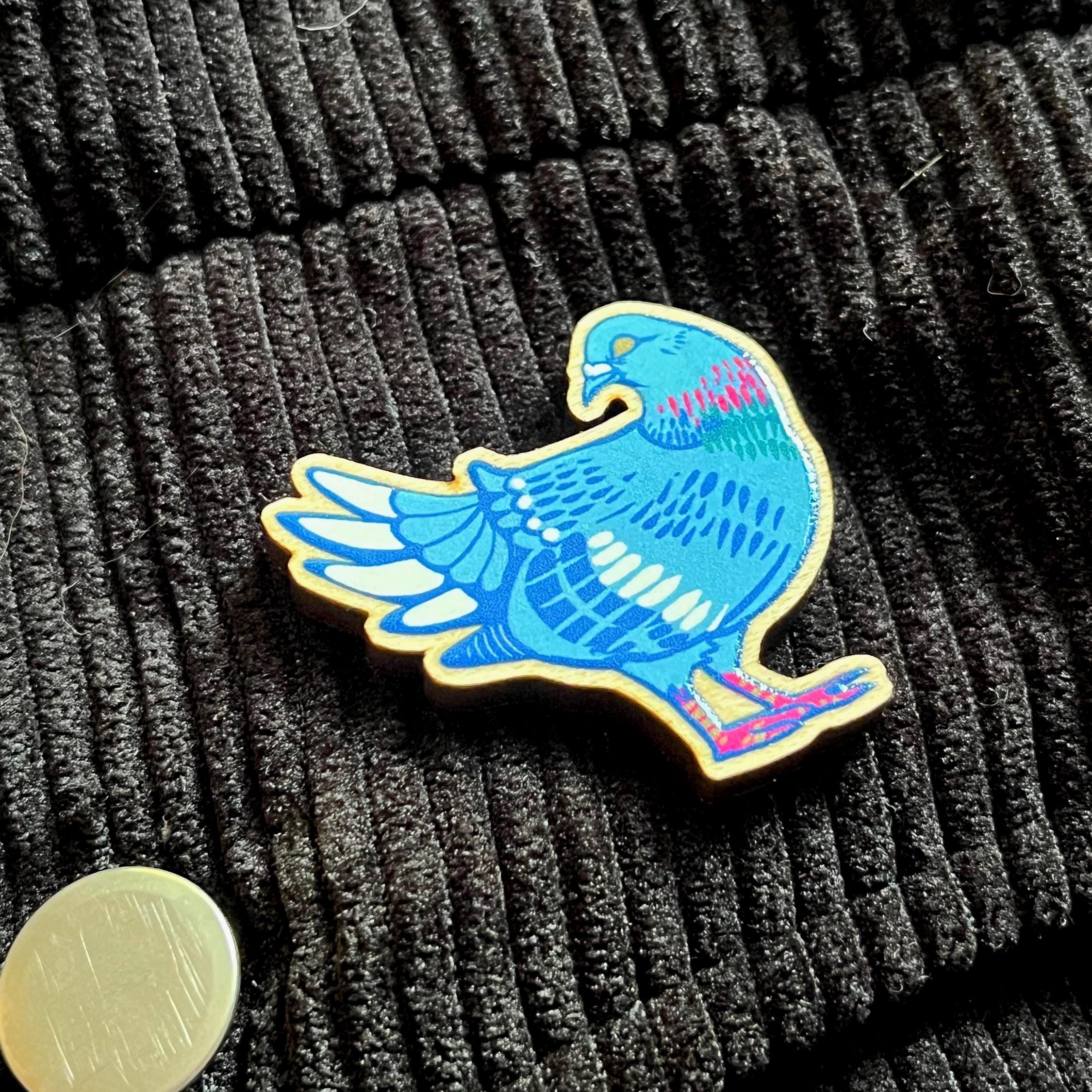 Lovers Pigeon Pin Set- 30mm Wooden Pin Badge With Rubber Clutch, Bird ...