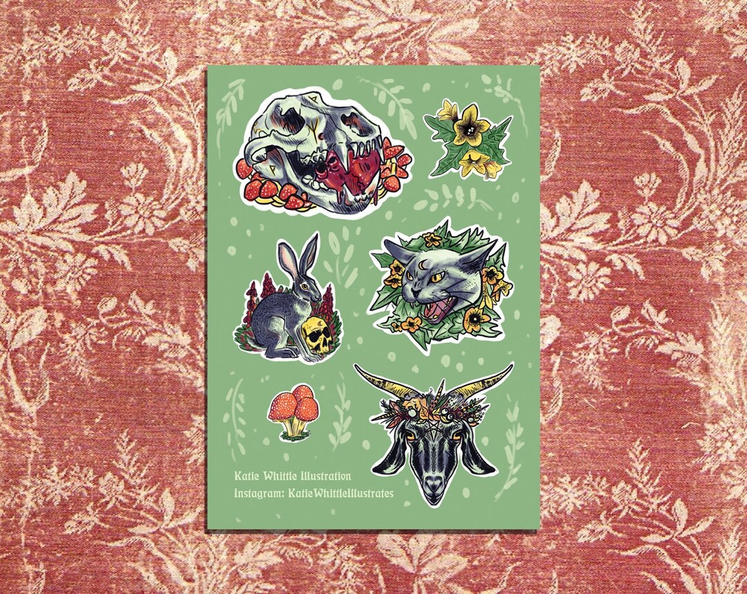 Sheet of 6 Vinyl Occult Stickers, A5, Skull, Hare, Cat, Goat, Gift ...