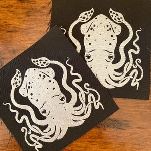 The Kraken- Silver Screen Print Fabric Patch 8x8cm- Squid Lover Gift, Punk, Octopus Lover ...