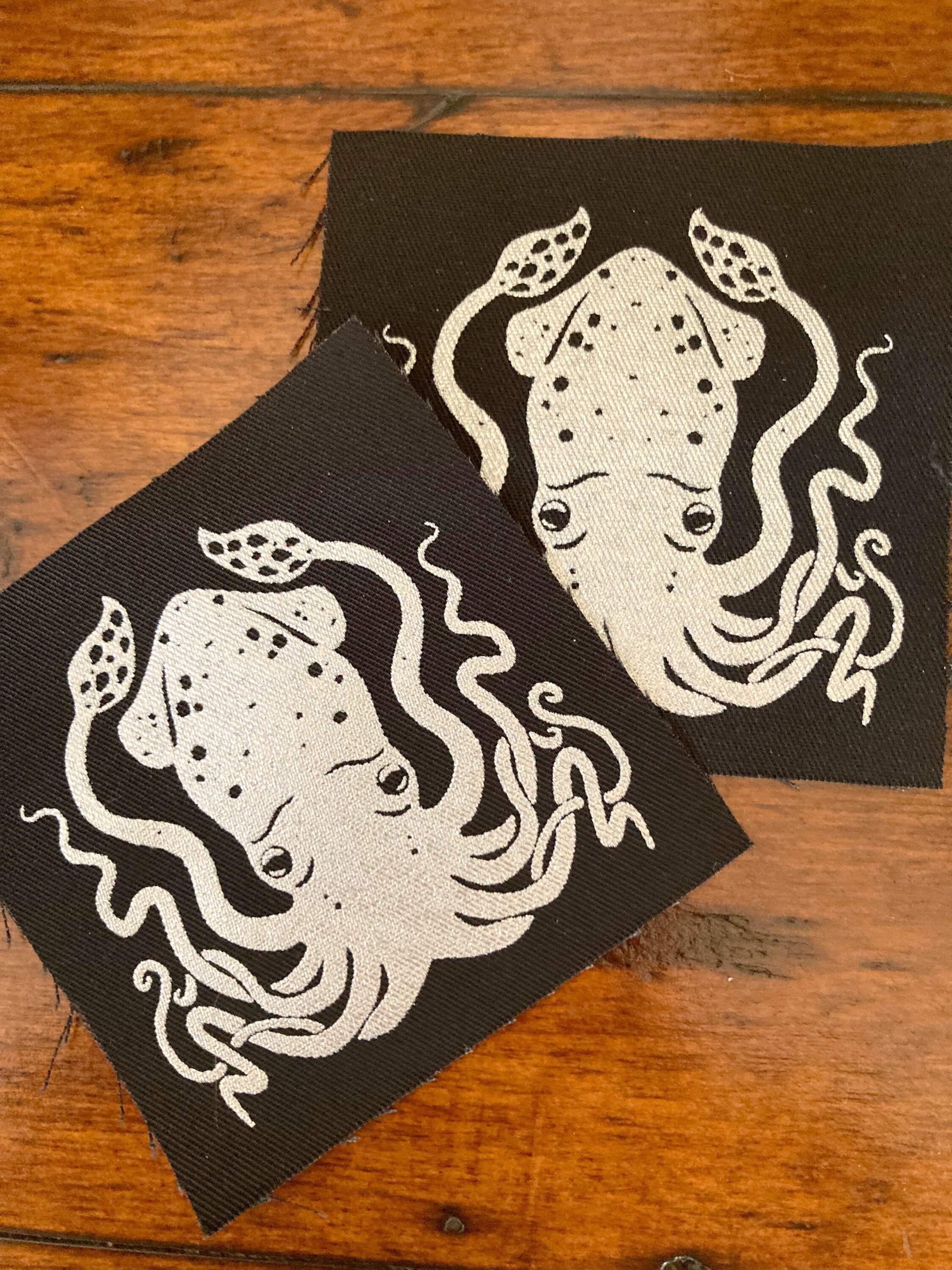 The Kraken- Silver Screen Print Fabric Patch 8x8cm- Squid Lover Gift ...