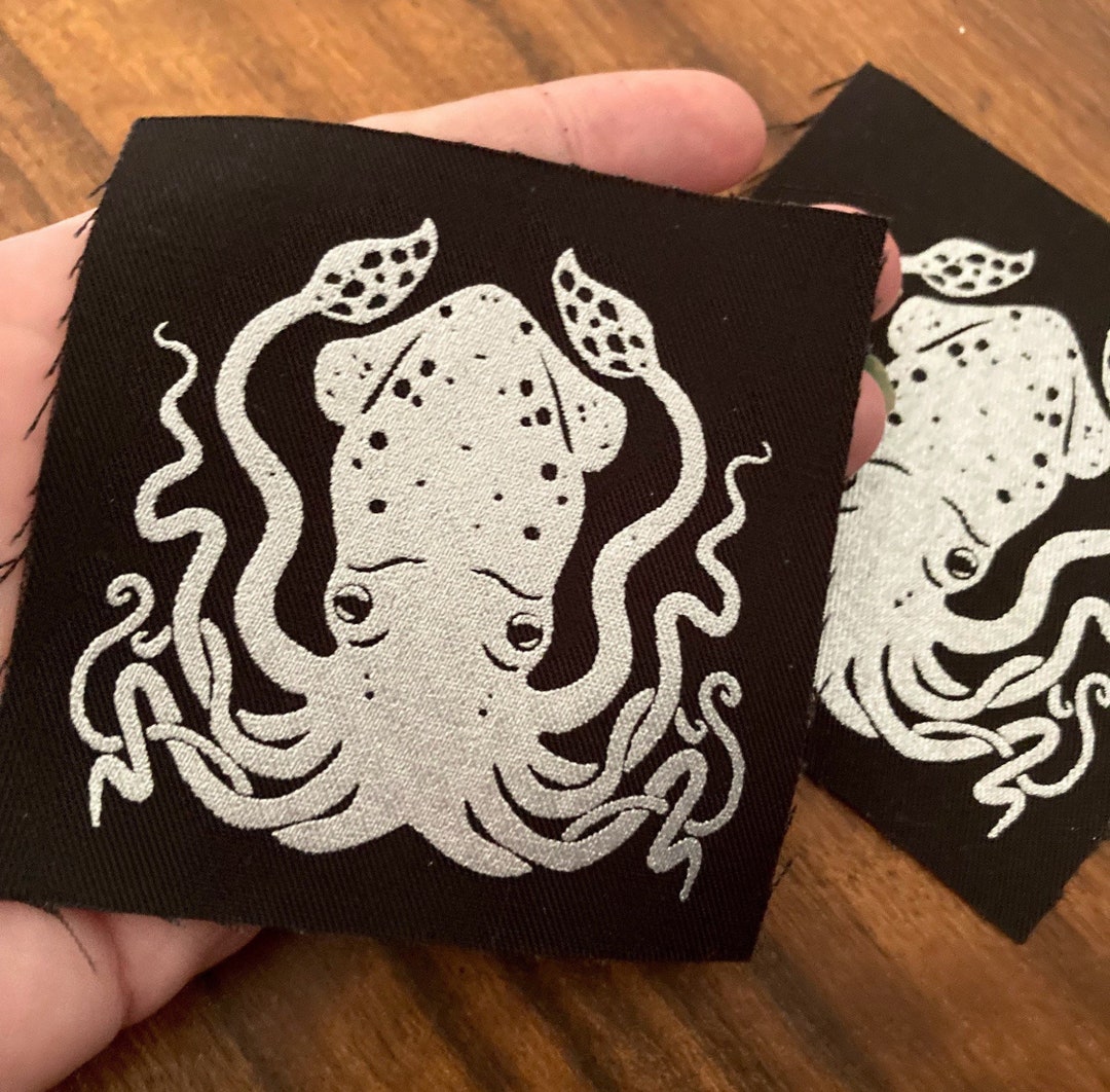 The Kraken- Silver Screen Print Fabric Patch 8x8cm- Squid Lover Gift, Punk, Octopus Lover ...