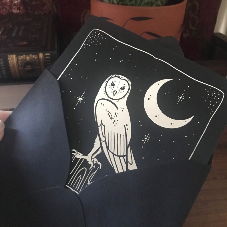 Moon and Owl 148mmx148mm Foil Greetings Card Black | Etsy UK
