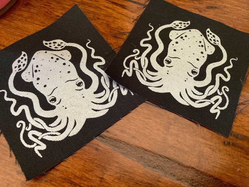The Kraken- Silver Screen Print Fabric Patch 8x8cm- Squid Lover Gift ...