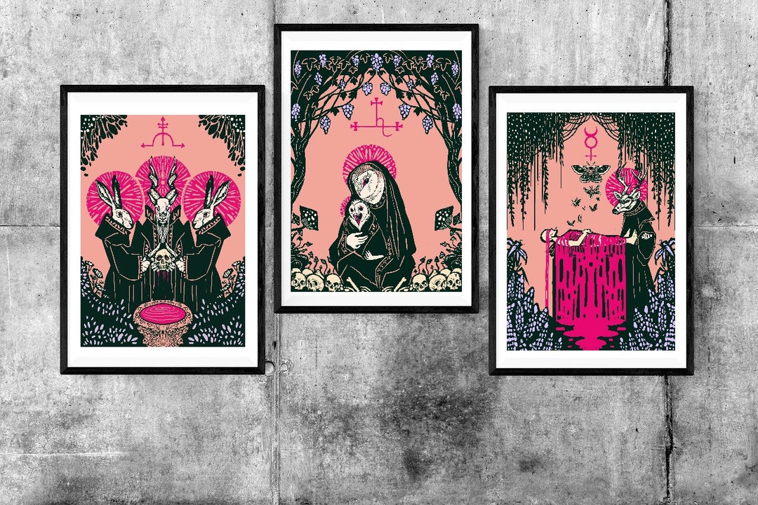 Ritual Triptych- Set of 3 Prints (2 SIZES)- Gothic Art, Occult, Owls ...
