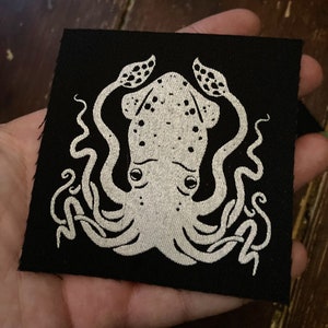 The Kraken- Silver Screen Print Fabric Patch 8x8cm- Squid Lover Gift, Punk, Octopus Lover ...