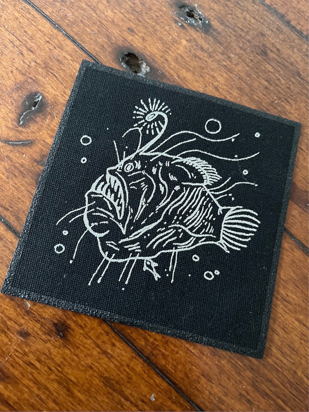 Deep Sea Angler Fish- Silver Screen Print Fabric Patch 10x10cm- Goth ...