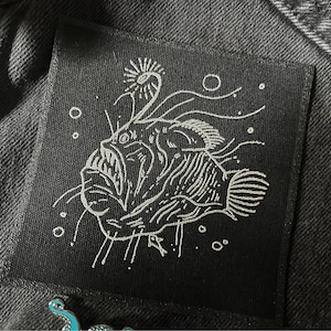 Deep Sea Angler Fish- Silver Screen Print Fabric Patch 10x10cm- Goth ...