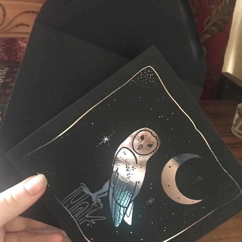 Moon and Owl 148mmx148mm Foil Greetings Card Black | Etsy UK
