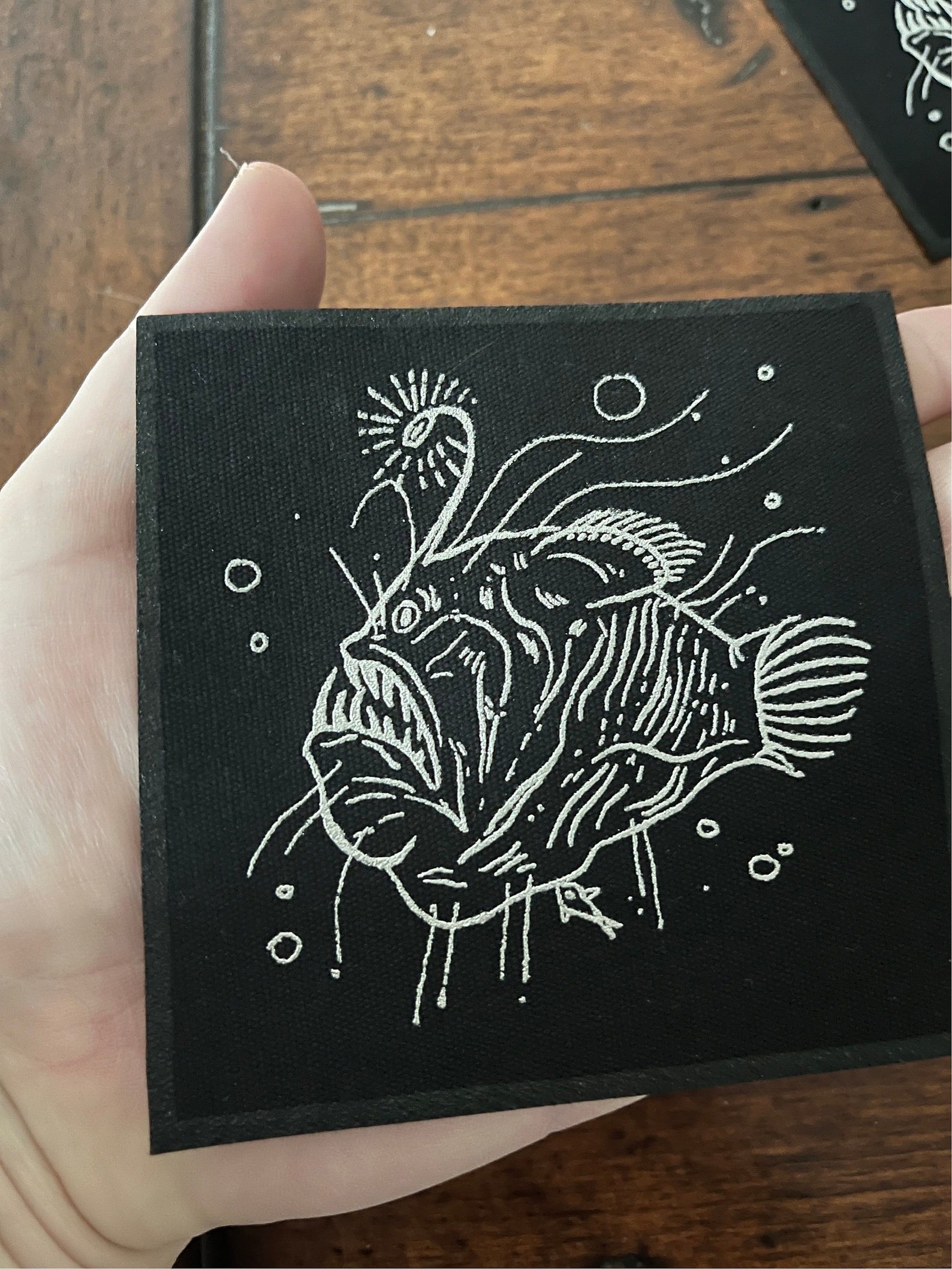 Deep Sea Angler Fish- Silver Screen Print Fabric Patch 10x10cm- Goth ...