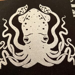 The Kraken- Silver Screen Print Fabric Patch 8x8cm- Squid Lover Gift, Punk, Octopus Lover ...