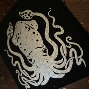 The Kraken- Silver Screen Print Fabric Patch 8x8cm- Squid Lover Gift, Punk, Octopus Lover ...