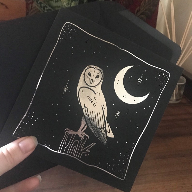 Moon and Owl 148mmx148mm Foil Greetings Card Black | Etsy UK