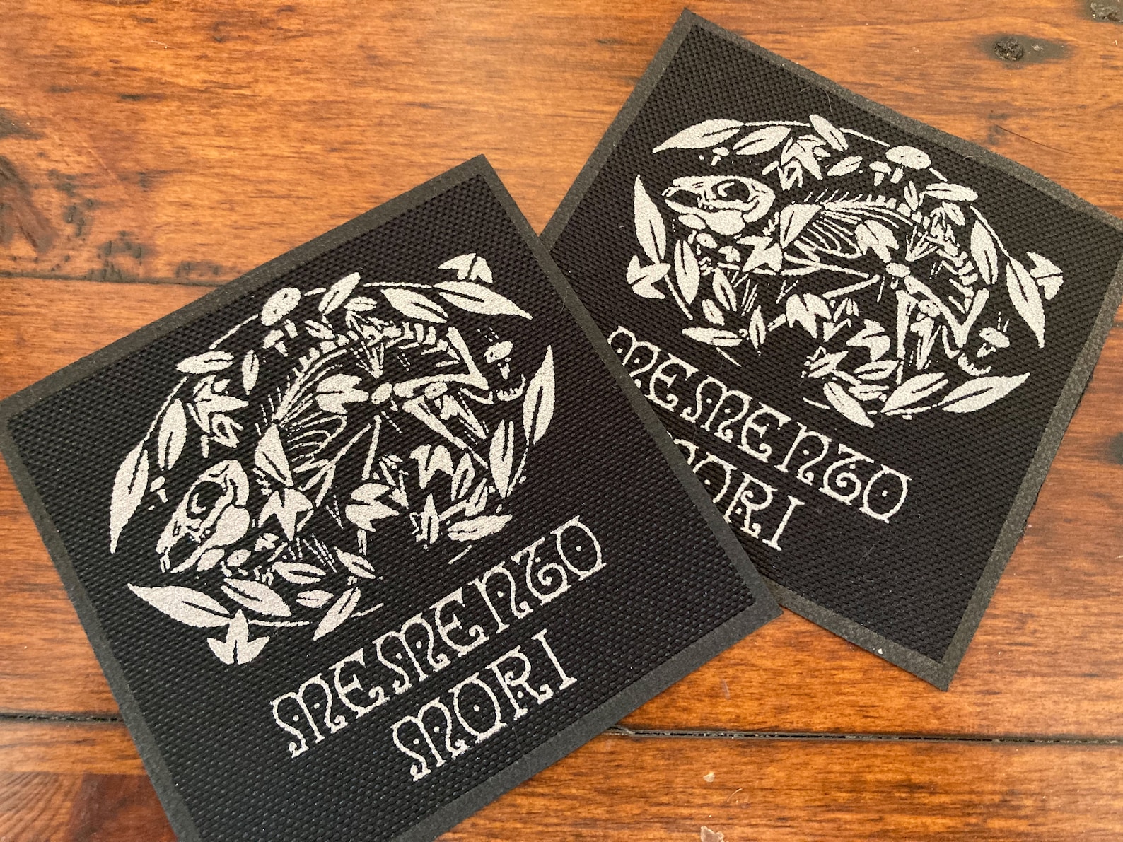 Memento Mori - Silver Screen Print Fabric Patch 10cm- Goth, Rabbit ...