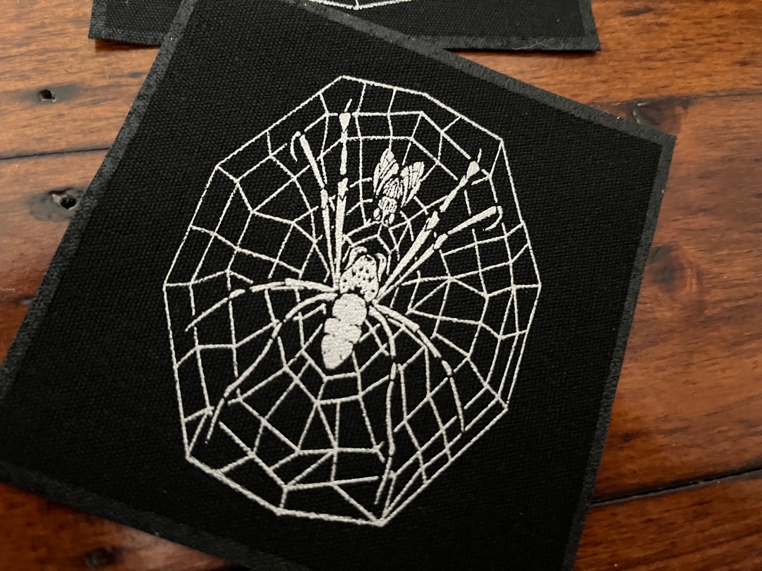 Caught in Her Web- Silver Screen Print Fabric Patch 10x10cm- Goth, Bug ...