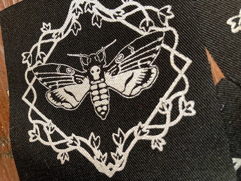 Deaths Head Hawkmoth- Silver Screen Print Fabric Patch 8x8cm- Goth, Moth Lover Gift, Punk, Skull ...