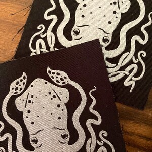 The Kraken- Silver Screen Print Fabric Patch 8x8cm- Squid Lover Gift, Punk, Octopus Lover ...