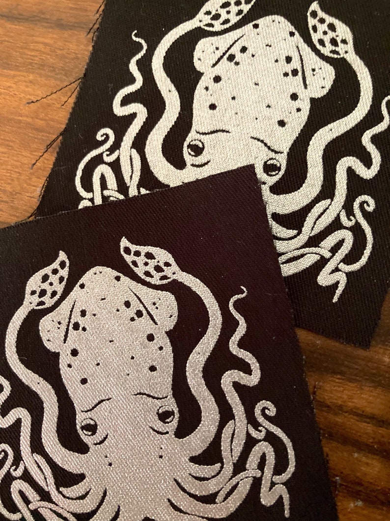 The Kraken- Silver Screen Print Fabric Patch 8x8cm- Squid Lover Gift ...