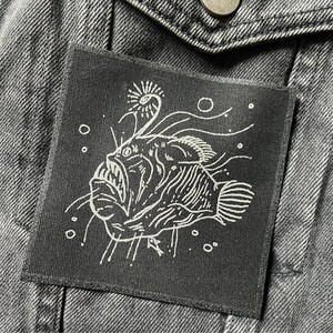 Deep Sea Angler Fish- Silver Screen Print Fabric Patch 10x10cm- Goth ...