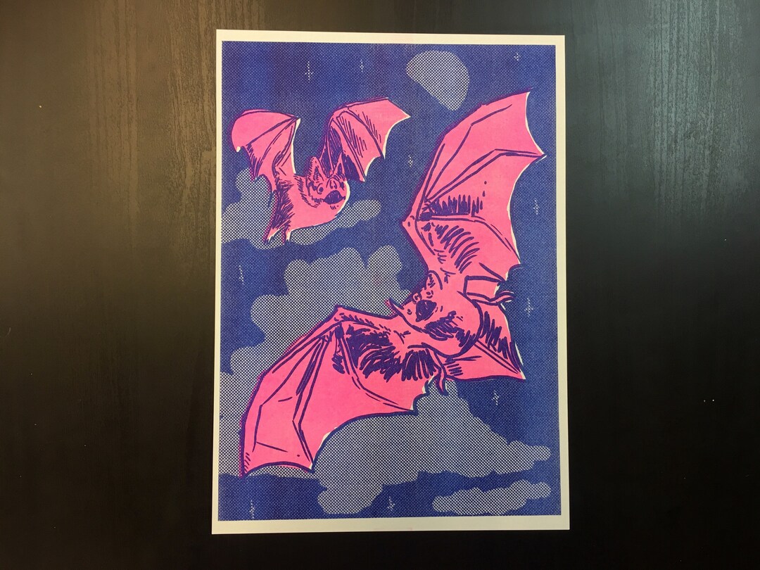 Neon Pink Vampire Bats Riso Print- A4 (8.3x11.7 Inches) Gothic Decor ...