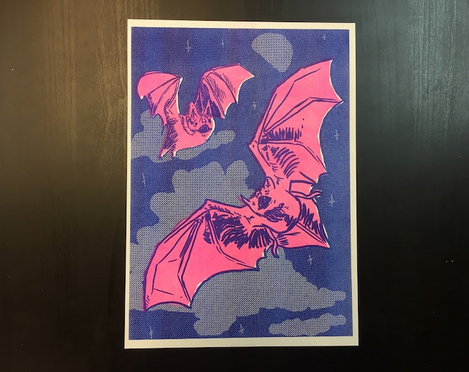 Neon Pink Vampire Bats Riso Print- A4 (8.3x11.7 Inches) Gothic Decor ...