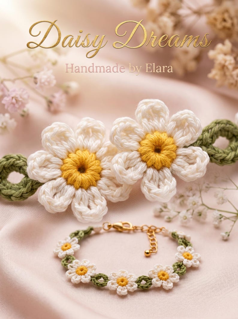 Crochet Daisy Bracelet Pattern, Flower Jewelry Tutorial (PDF Download ...