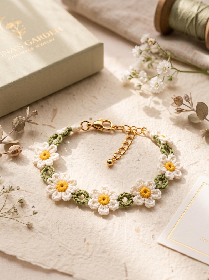 Crochet Daisy Bracelet Pattern, Flower Jewelry Tutorial (PDF Download ...