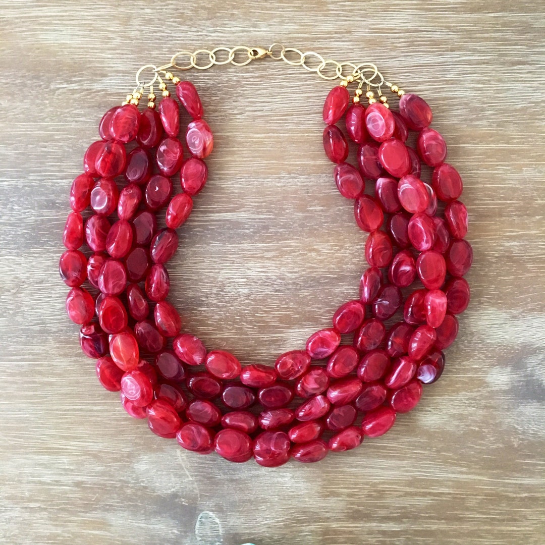 Red Bead Necklace Chunky Beaded Necklace Handmade In Cherry Etsy