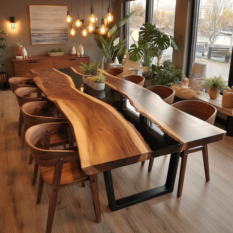 Custom Walnut Epoxy Dining Table, Live Edge Rustic Wood Furniture - Etsy